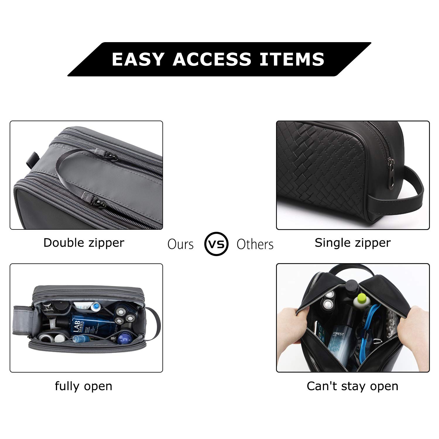 BAGSMART Toiletry Bag for Men, Travel Toiletry Organizer Dopp Kit Water-resistant Shaving Bag for Toiletries Accessories, Door Room Essentials,Grey-medium