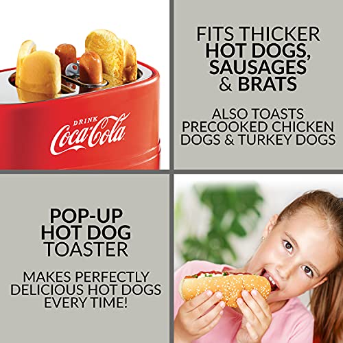 Nostalgia Coca-Cola 2 Slot Bun Mini Tongs, Hot Dog Toaster Works with Chicken, Turkey, Veggie Links, Sausages and Brats, Retro Red