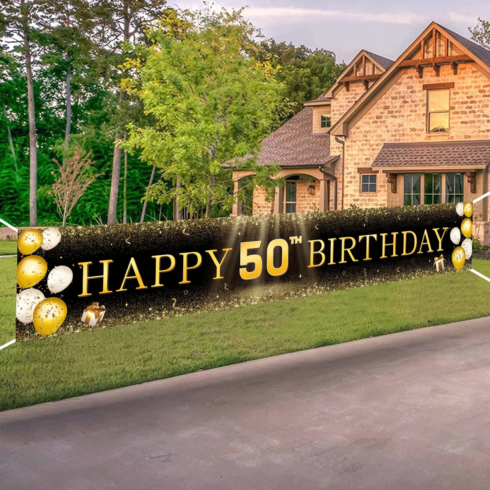 TZSS Black & Gold 50th Birthday Banner Decorations - Extra Large 118"x20" Reusable Yard Sign for Women & Men, Over The Hill Party Decor Indoor Outdoor, 50 and Fabulous Happy 50th