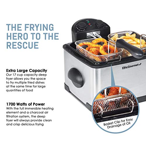 Elite Gourmet EDF-401T Electric Immersion Deep Fryer 3-Baskets, 1700-Watt, Timer Control, Adjustable Temperature, Lid with Viewing Window and Odor Free Filter, Stainless Steel and Black
