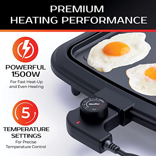 Mueller HealthyBites Eco Nonstick 20 Inch Electric Griddle Teflon-free, 10 Eggs at Once, Cool-Touch Handles and Slide-Out Drip Tray, for Breakfast Pancakes, Burgers, Eggs, Black