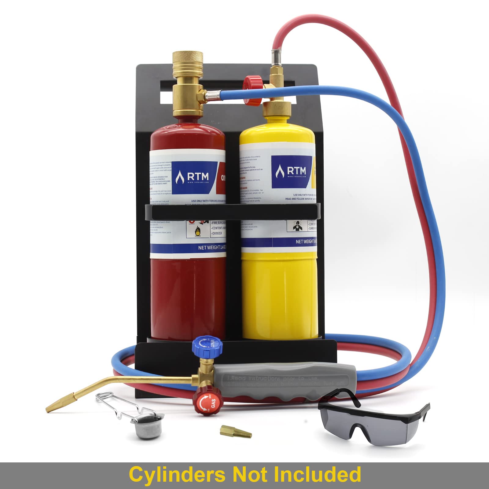 RTMMFG Oxygen MAPP Torch Kit Portable Cylinder Metal Stand, for Soldering, Brazing, Sparker, Protection glass, Extra nozzle(Gas Cylinders Not Included)