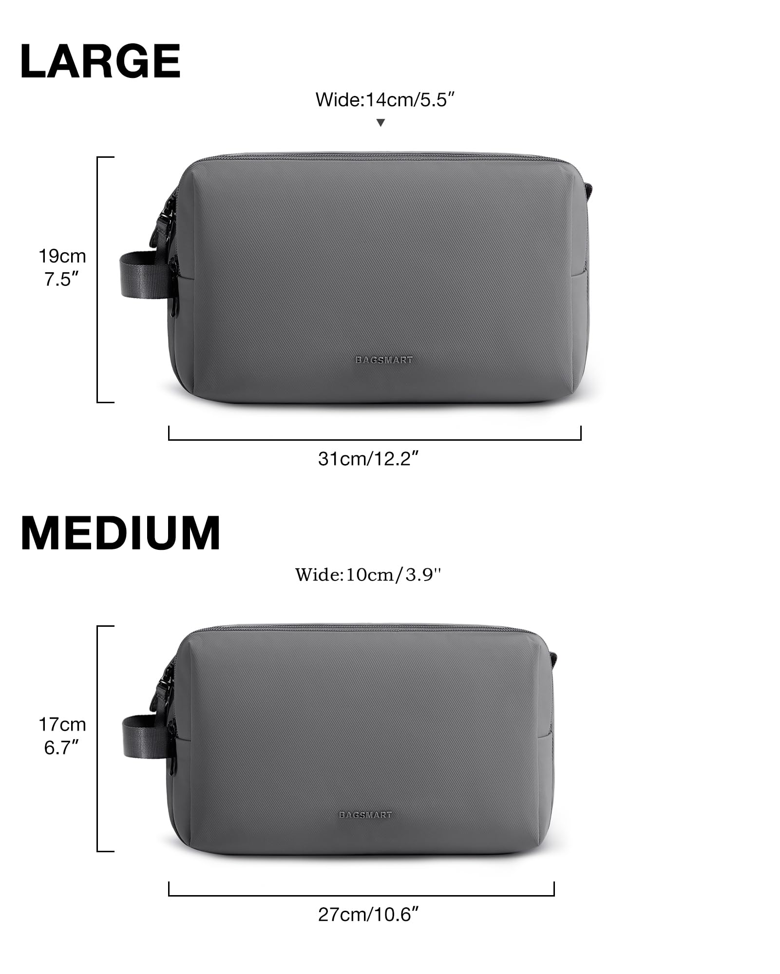 BAGSMART Toiletry Bag for Men, Travel Toiletry Organizer Dopp Kit Water-resistant Shaving Bag for Toiletries Accessories, Door Room Essentials,Grey-medium