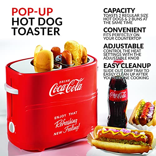 Nostalgia Coca-Cola 2 Slot Bun Mini Tongs, Hot Dog Toaster Works with Chicken, Turkey, Veggie Links, Sausages and Brats, Retro Red