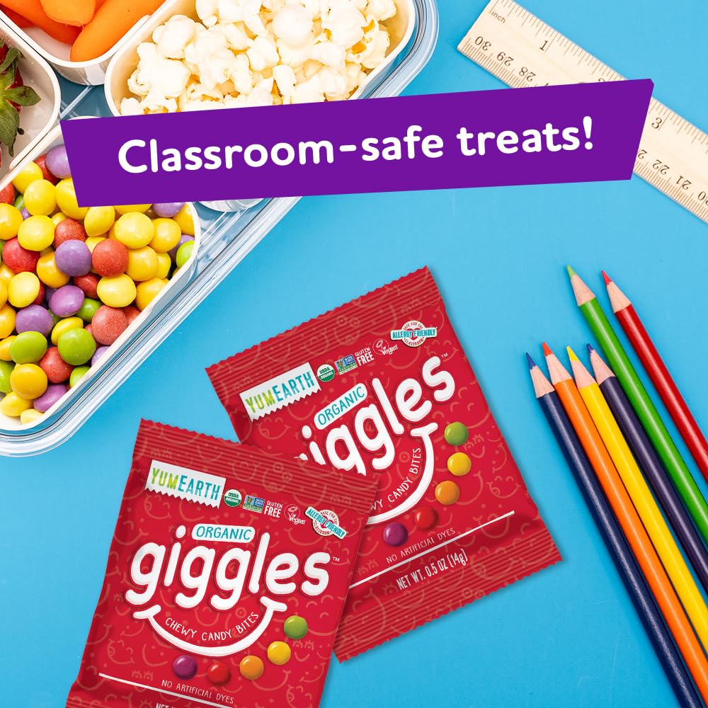 YumEarth Organic Giggles Chewy Candy – Allergy Friendly, No Artificial Dyes, Non GMO, Gluten Free, Fruit Flavored, Vegan Candy Snacks with No Artificial Flavors, 0.5 oz (Box of 15)