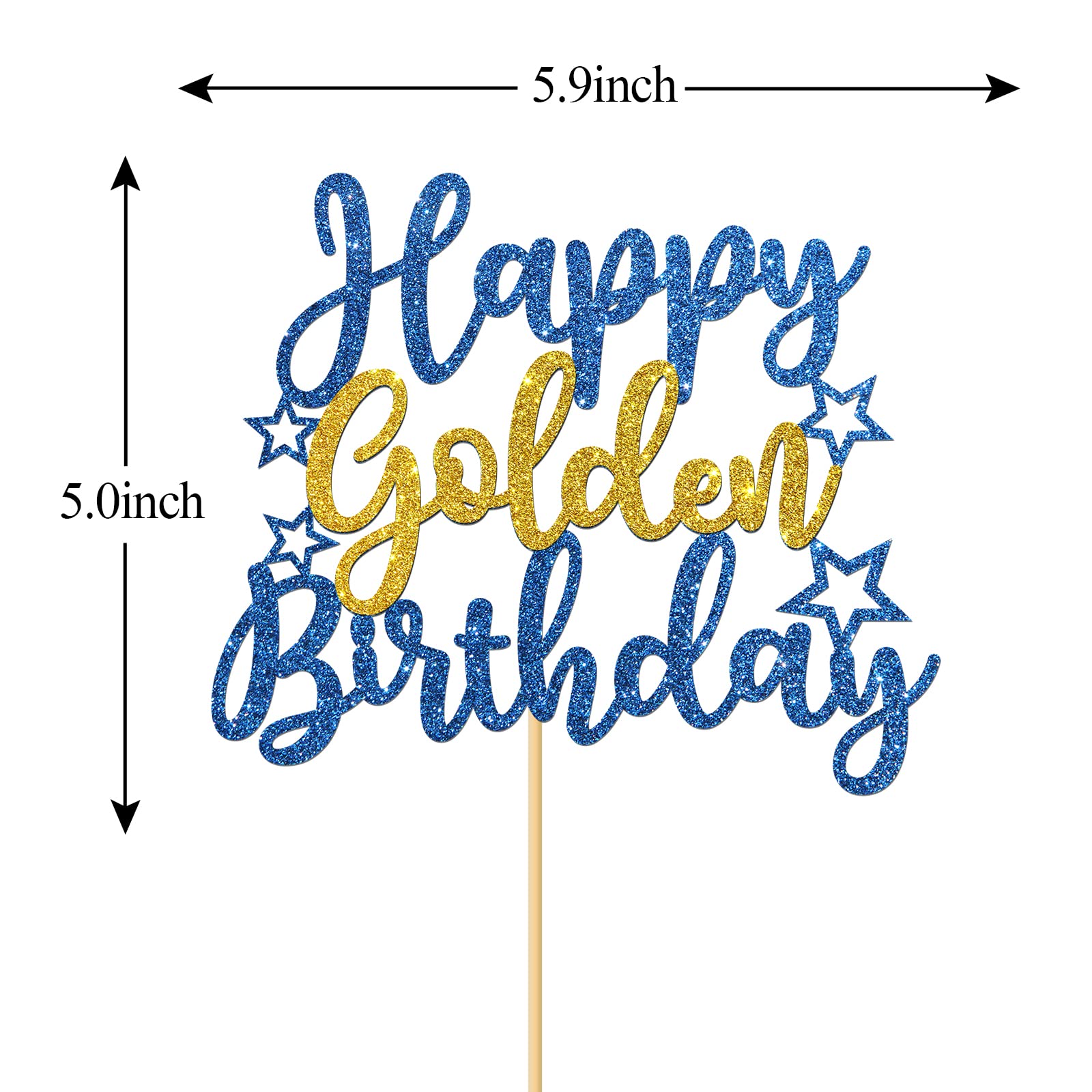 MonMon & Craft Happy Golden Birthday Cake Topper/Happy 1st 20th 30th 40th 50th Birthday Cake Decor/Golden Birthday Party Decorations - Blue & Gold Glitter