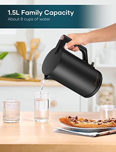 Electric Tea Kettle, INTASTING Double Wall Electric Kettle with Seamless Stainless Steel Inner, 1500W Fast Heating, 1.5L Hot Water Boiler, Auto Shut-Off & Boil Dry Protection, BPA-Free, LED Indicator (Matte Black)
