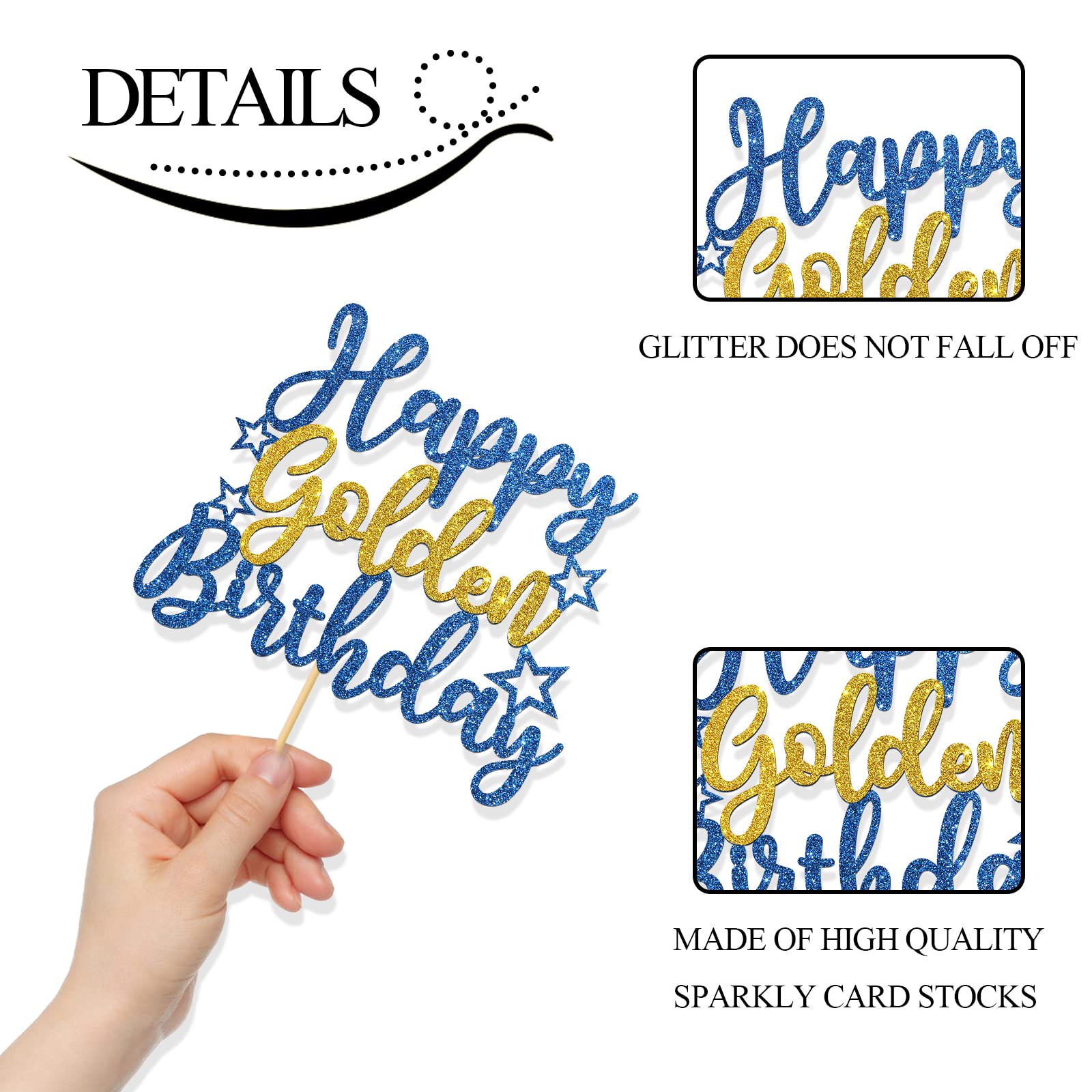 MonMon & Craft Happy Golden Birthday Cake Topper/Happy 1st 20th 30th 40th 50th Birthday Cake Decor/Golden Birthday Party Decorations - Blue & Gold Glitter