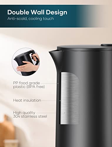 Electric Tea Kettle, INTASTING Double Wall Electric Kettle with Seamless Stainless Steel Inner, 1500W Fast Heating, 1.5L Hot Water Boiler, Auto Shut-Off & Boil Dry Protection, BPA-Free, LED Indicator (Matte Black)