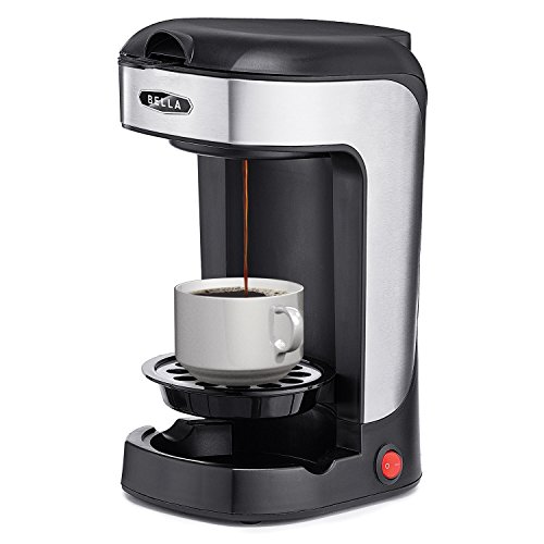 BELLA One Scoop One Cup Coffee Maker, Brew in Minutes, Dishwater Safe, Black and Stainless Steel, Great for Small Kitchens