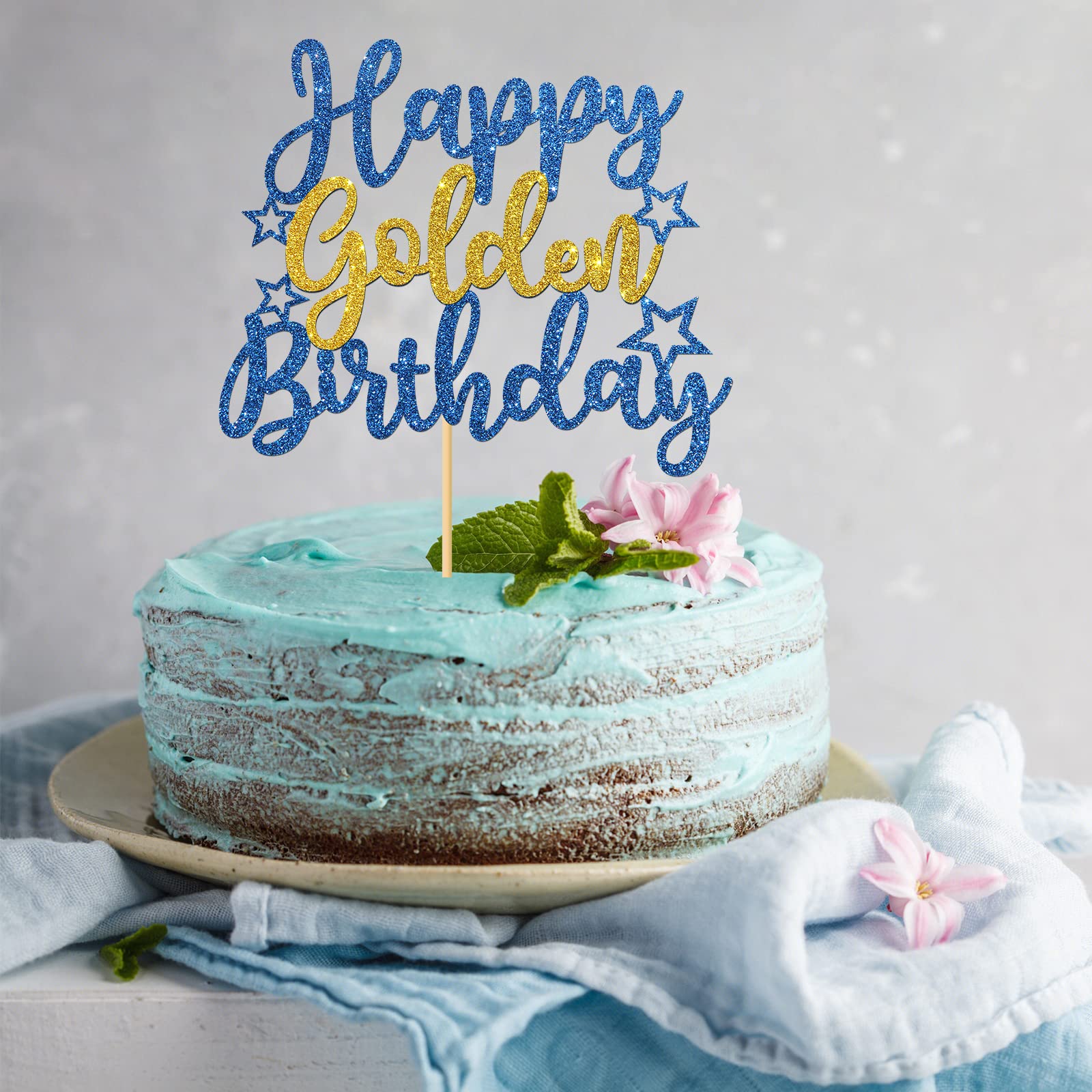 MonMon & Craft Happy Golden Birthday Cake Topper/Happy 1st 20th 30th 40th 50th Birthday Cake Decor/Golden Birthday Party Decorations - Blue & Gold Glitter