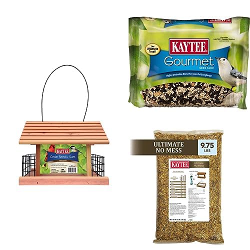 Bundle of Kaytee Cedar Seed and Suet Feeder + Kaytee Wild Bird Gourmet Seed Cake + Kaytee Wild Bird Ultimate No Mess Wild Bird Food Seed, 9.75 lb