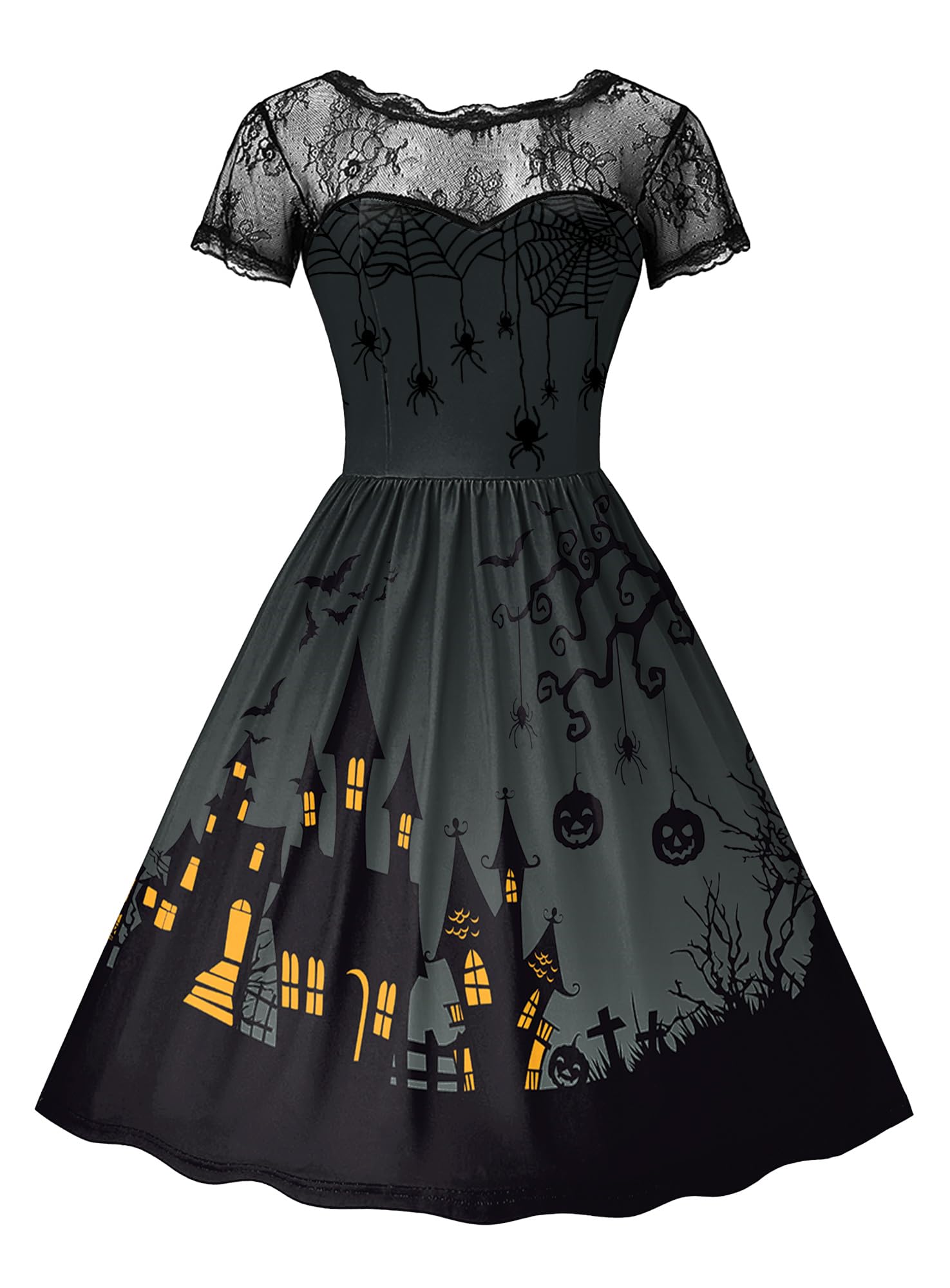 Women's Halloween Lace Sleeves Party Witch Costume Swing Pumpkin Vintage Dress Dark Night L