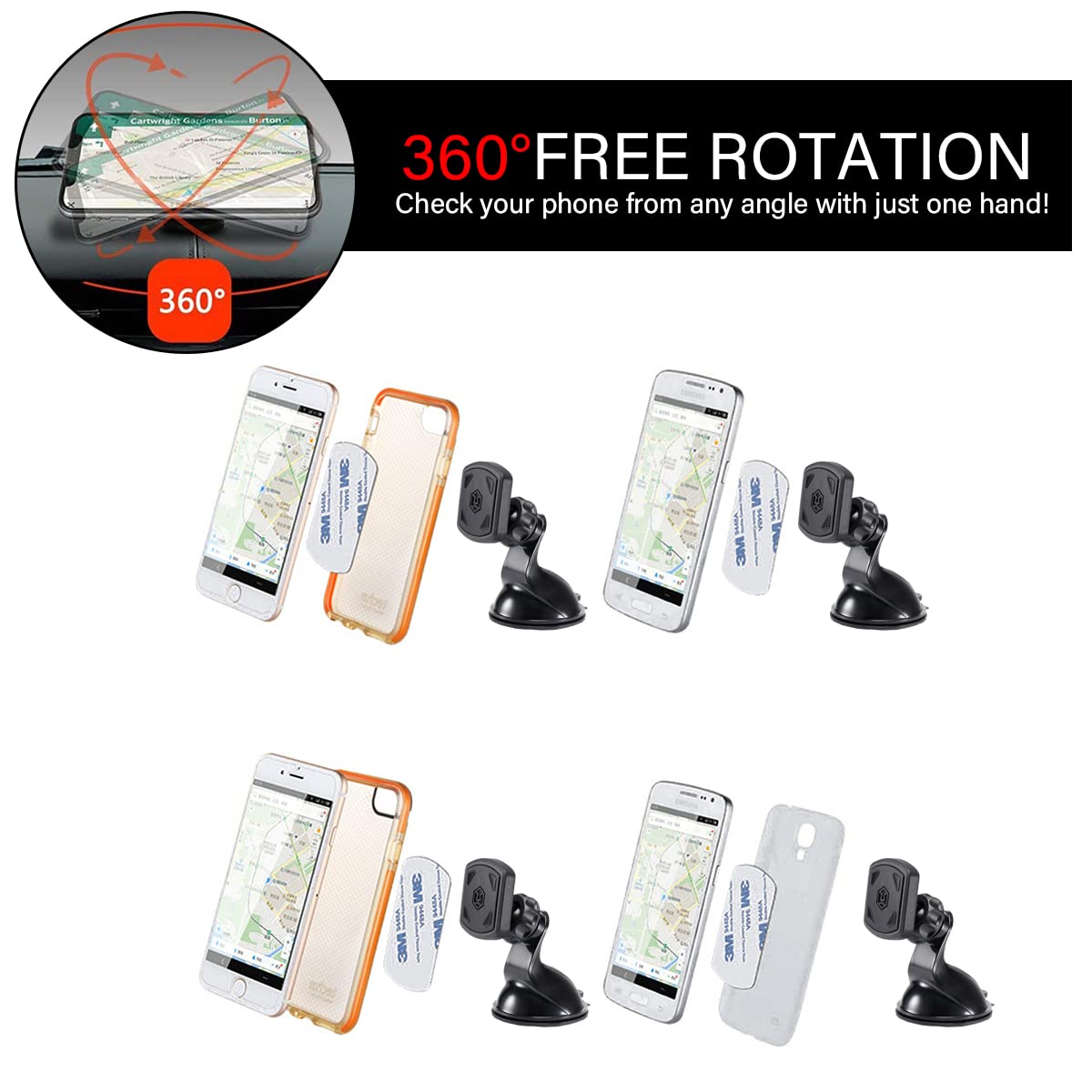 AICEL Magnetic Phone Car Mount, Cell Phone Holder for Vehicle Window Dashboard, 360° Adjustable and Self Adhesive, Car Accessories Automobile Cradles for Smartphones Tablets