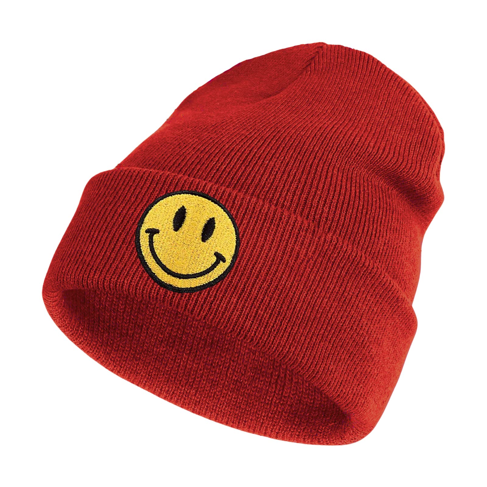 lycycse Womens Beanies for Winter Cuffed Beanie Hats with Smile Face Patch Knit Acrylic Slouchy Beanie Ski Hat Warm Skull Cap Red