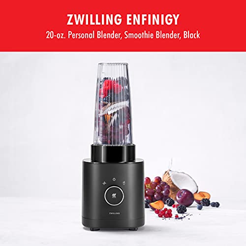 ZWILLING Enfinigy Personal Blender, Piranha Teeth Cross Blade for Ultimate Blending, Smoothies, Shakes and More, 20 fl oz Breakproof Travel Cup with Lid, BPA Free, Black