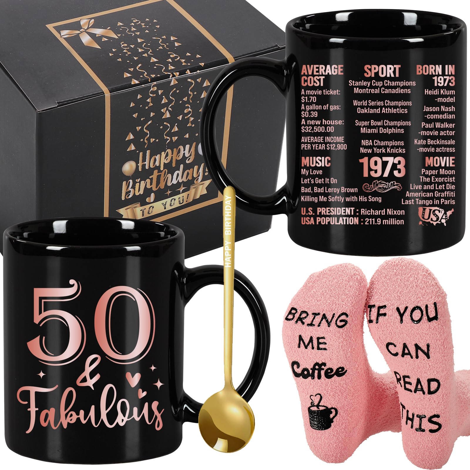 50th Birthday Gifts for Women Friend, Happy 50 Years Old Gift Basket for Mom Aunt Coworker Sister, 50th Birthday Party Decorations, Coffee Mug Cup Spoon and Socks Gifts Set