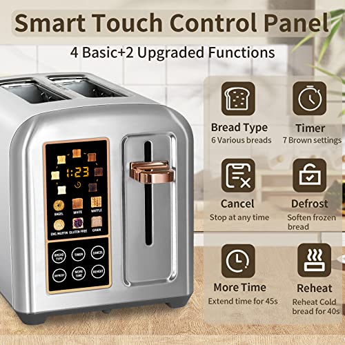 SEEDEEM Toaster 2 Slice, Stainless Steel Bread Toaster with LCD Display and Touch Buttons, 50% Faster Heating Speed, 6 Bread Selection, 7 Shade Settings, 1.5''Wide Slots Toaster with Cancel/Defrost/Reheat Functions, Removable Crumb Tray, 1350W, Silver Met
