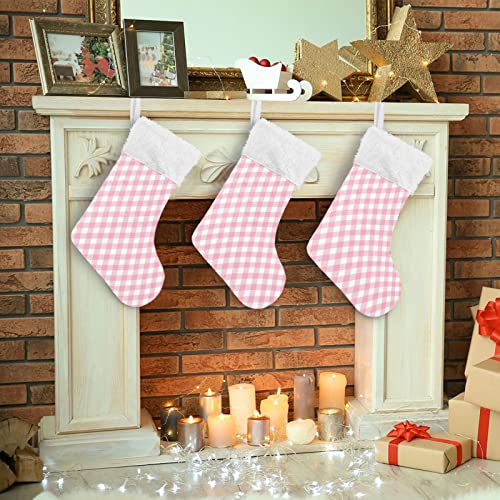 Kigai Christmas Stockings Pink Gingham Large Candy Stockings Stuffers Kids Cute Xmas Sock Decorations 2PCS for Home Holiday Party 12" x18"