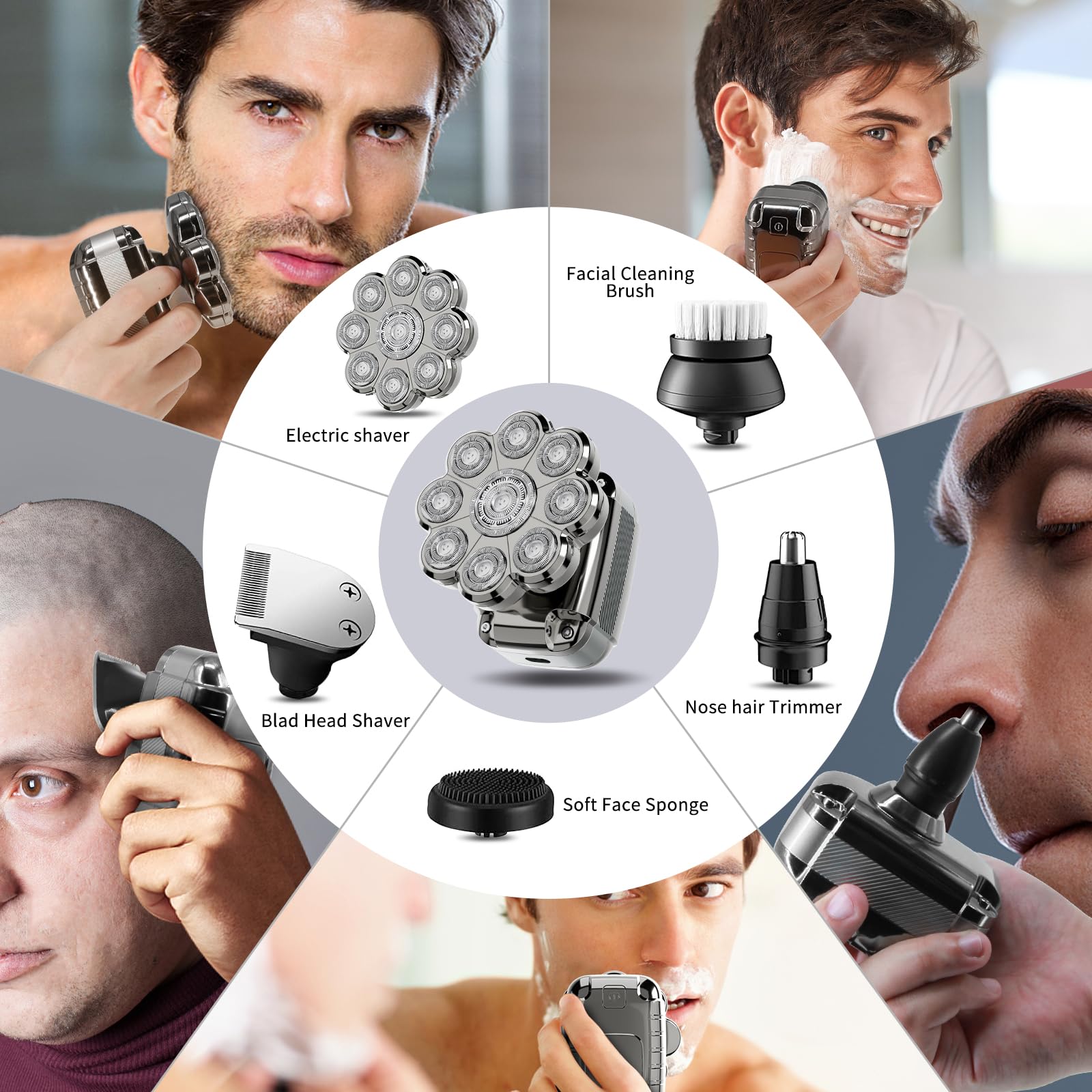 aboutool 9D Head Shavers for Bald Men, 5-in-1 Men Grooming Kit,Anti-Pinch Electric Razor for Men, IPX7 Waterproof Rotary Shaver and Rechargeable Electric Shavers for Men, LED Display, 0.0353 Ounce