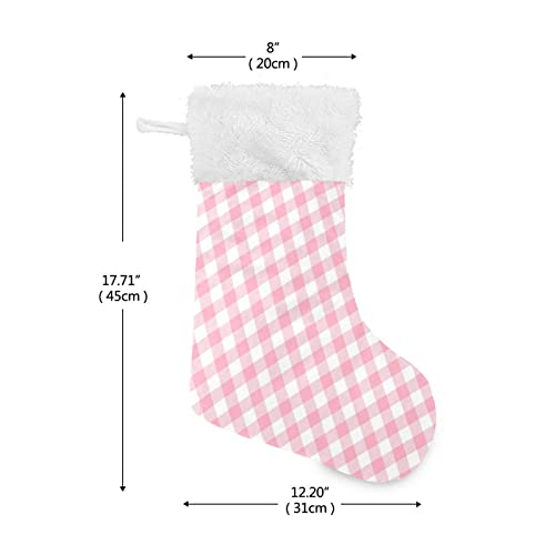 Kigai Christmas Stockings Pink Gingham Large Candy Stockings Stuffers Kids Cute Xmas Sock Decorations 2PCS for Home Holiday Party 12" x18"