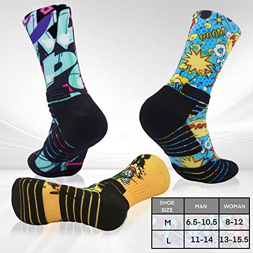 JDQ 3 Pairs Funny Socks- Mens Stocking Stuffers Christmas Novelty Gift, Crazy Cool Socks, Graffiti Pattern Colorful Dress Calf Crew Socks, Women Men Teens- M