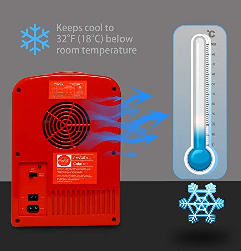 Coca-Cola Classic Coke Bottle 4L Mini Fridge w/ 12V DC and 110V AC Cords, 6 Can Portable Cooler, Personal Travel Refrigerator for Snacks Lunch Drinks Cosmetics, Desk Home Office Dorm, Red
