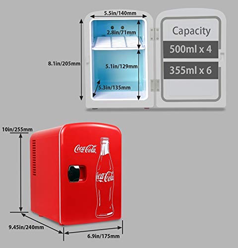 Coca-Cola Classic Coke Bottle 4L Mini Fridge w/ 12V DC and 110V AC Cords, 6 Can Portable Cooler, Personal Travel Refrigerator for Snacks Lunch Drinks Cosmetics, Desk Home Office Dorm, Red