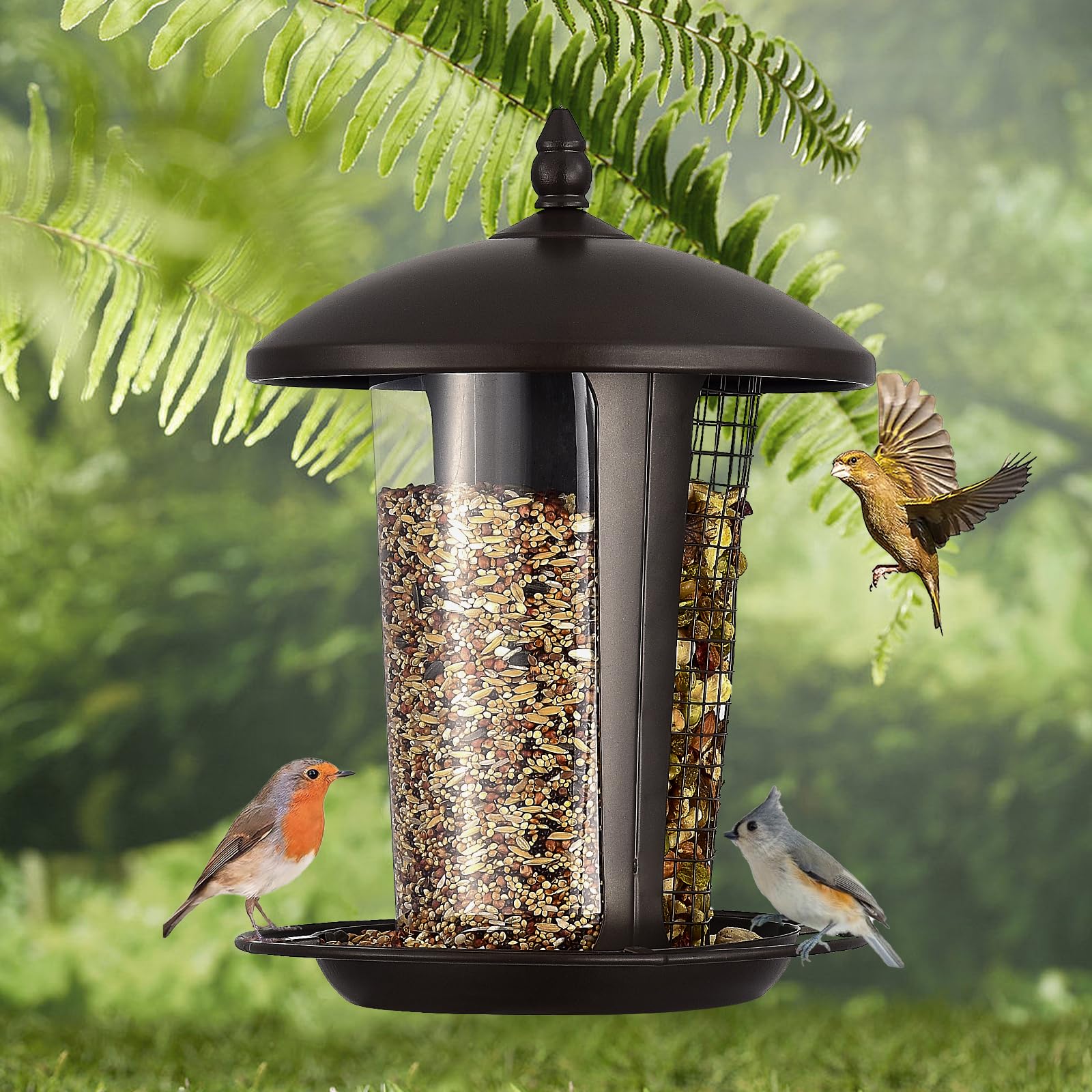 Tyndall Space Time Wild Bird Feeder for Outside, with Double Layer Squirrel Proof Large Hanging Metal Bird Feeders, Garden Yard Outdoors Decoration, 3Lbs Bird Seed Capacity