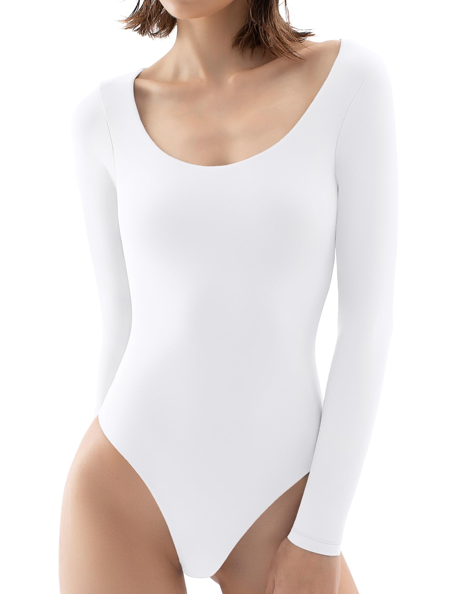 PUMIEY Long Sleeve Bodysuit For Women Sexy Scoop Neck Tops Body Suits Womens Fashion Splashed White Large