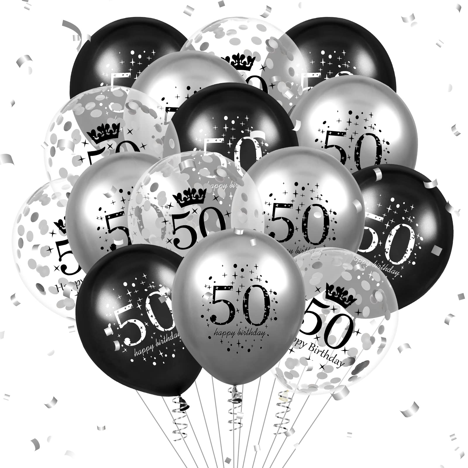 50th Birthday Balloons Black Silver Party Decorations 15pcs 12 inch Latex and Confetti Balloon Printed with Happy Birthday 50th for Women Men 50th Anniversary Happy Birthday Party Decor Supplies