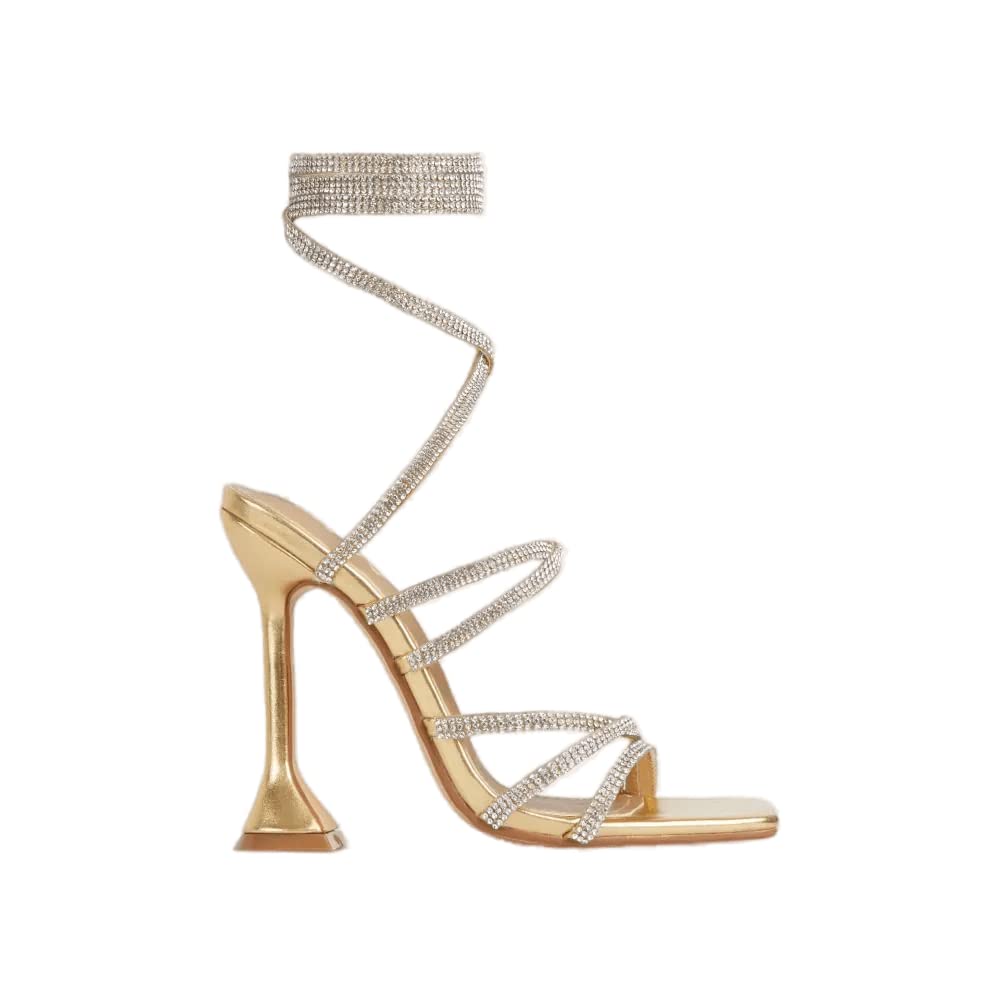 LEMONADE Women's Square Open Toe High Heel Rhinestone Lace Up Sandals Hasta Gold 7.5
