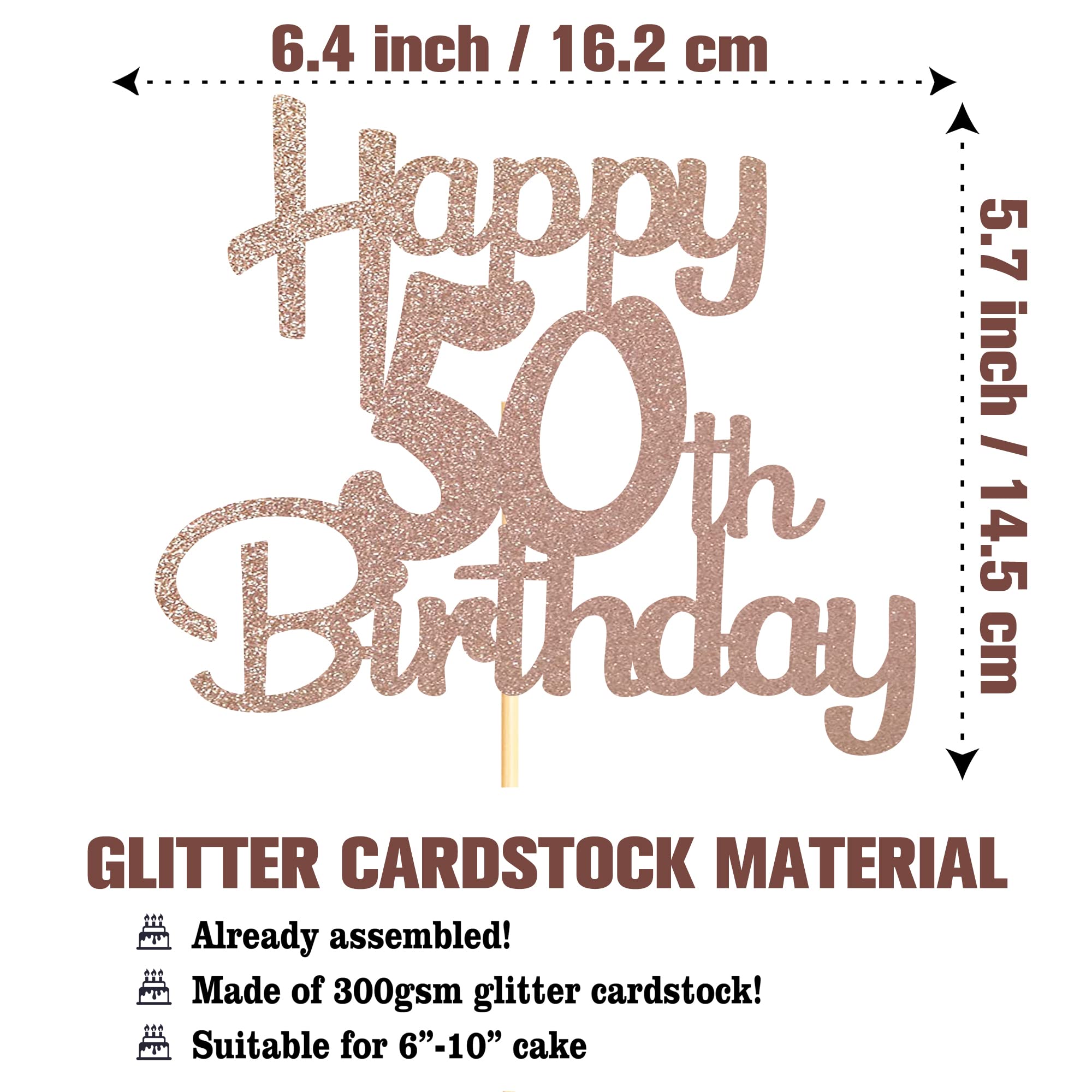 Sotpot Happy 50th Birthday Cake Topper Rose Gold Glitter 50th Cake Toppers 50 Birthday Cake Decorations Cheers to 50 Fabulous Party Cake Picks - 1 Pack