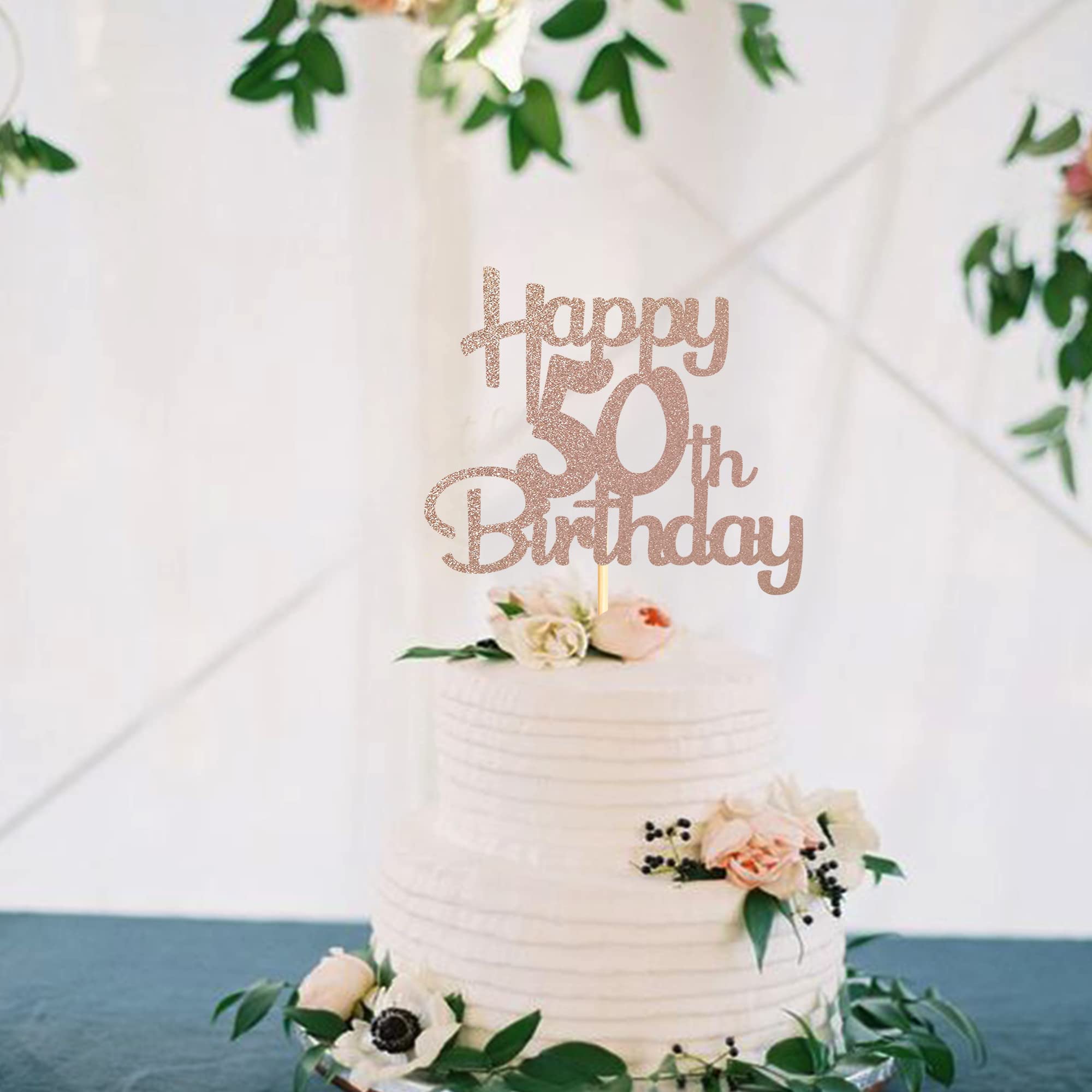 Sotpot Happy 50th Birthday Cake Topper Rose Gold Glitter 50th Cake Toppers 50 Birthday Cake Decorations Cheers to 50 Fabulous Party Cake Picks - 1 Pack