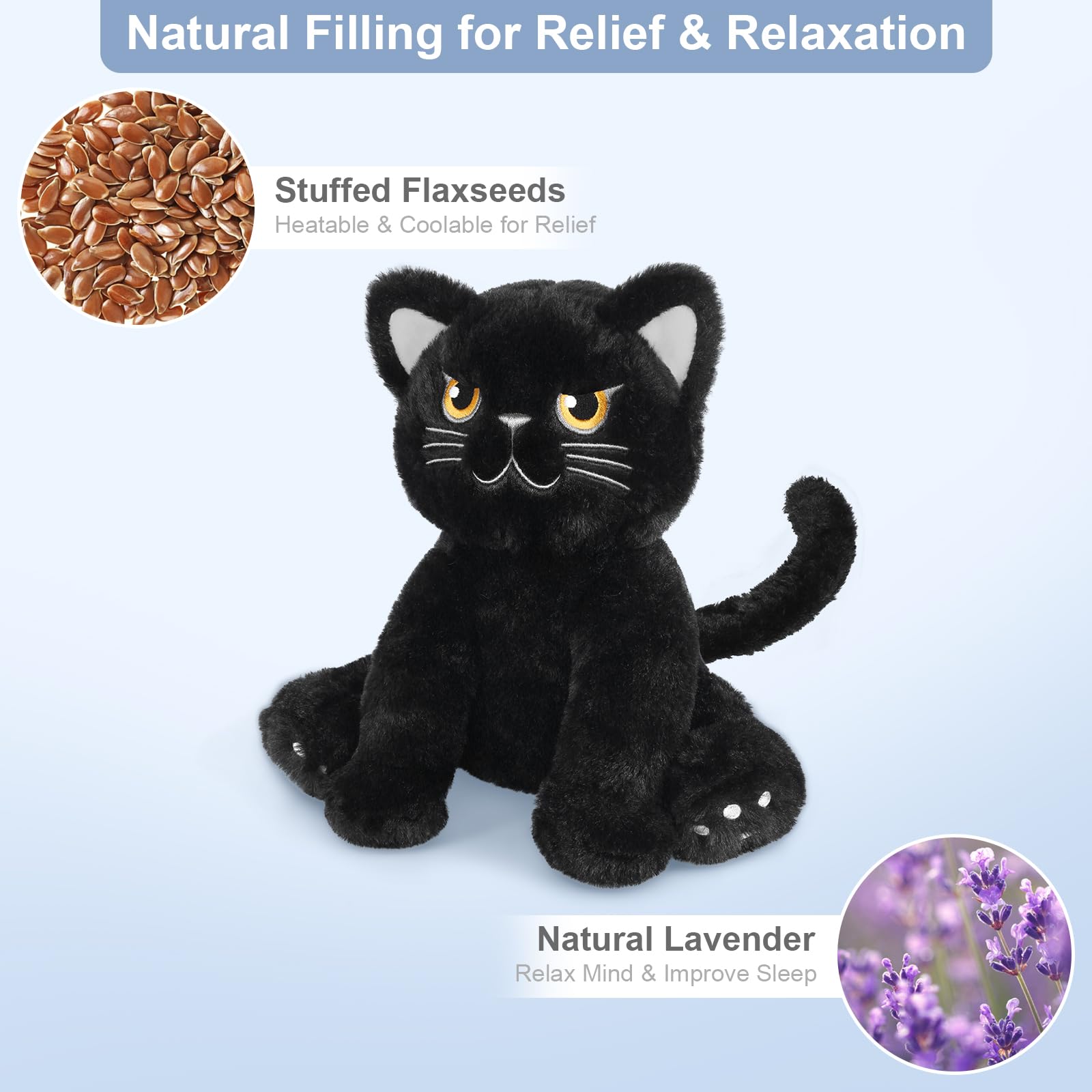 SuzziPals Coolable & Heatable Grumpy Black Cat Stuffed Animals, Lavender Scented Microwavable Plush Toys Heating Pad for Soothing & Period Discomfort, Kitty Plushie for Bedtime Cuddle, Warming Gift