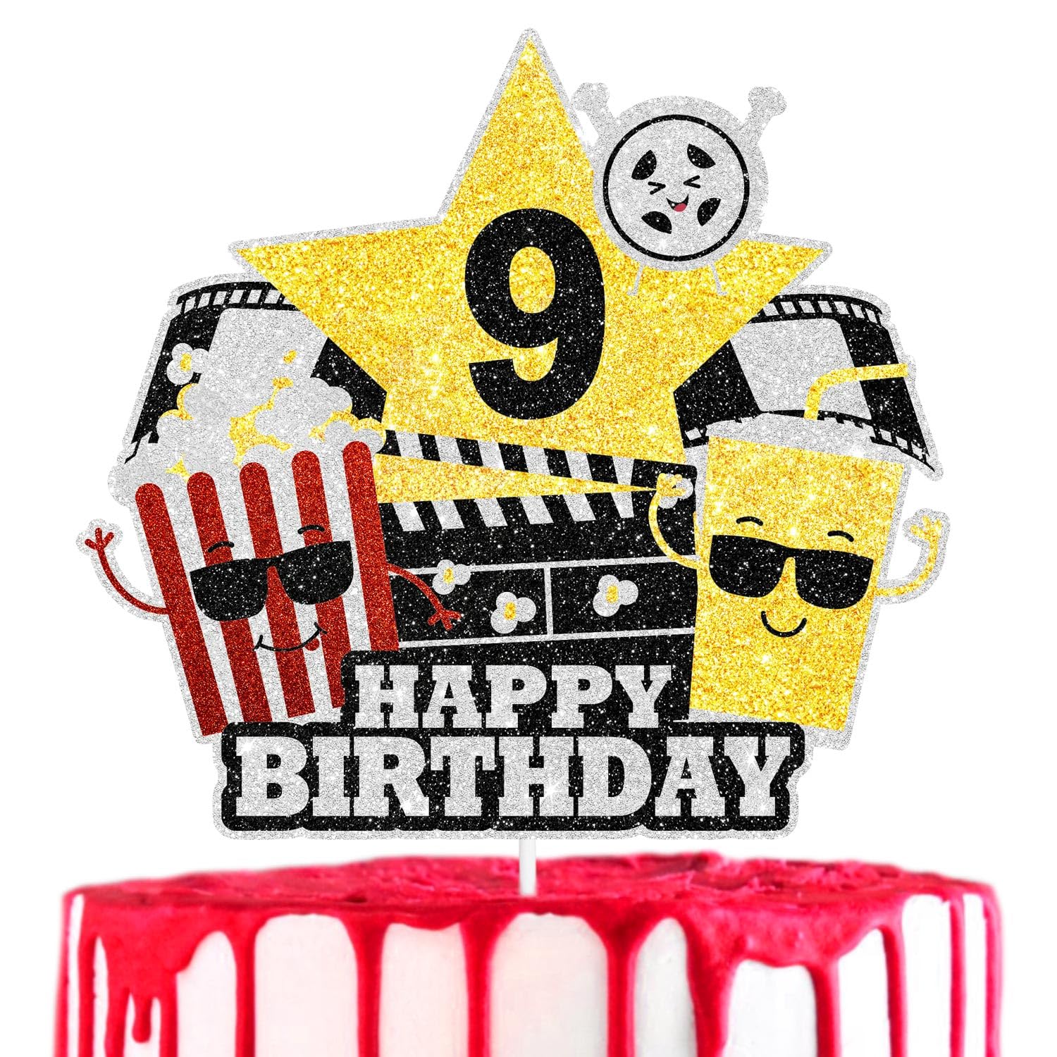 Movie Themed Happy 9th Birthday Cake Topper for Kids - Perfect for a boy or girl's movie-themed birthday party, movie night party, or Hollywood party popcorn movie projector decorations -SugarGera