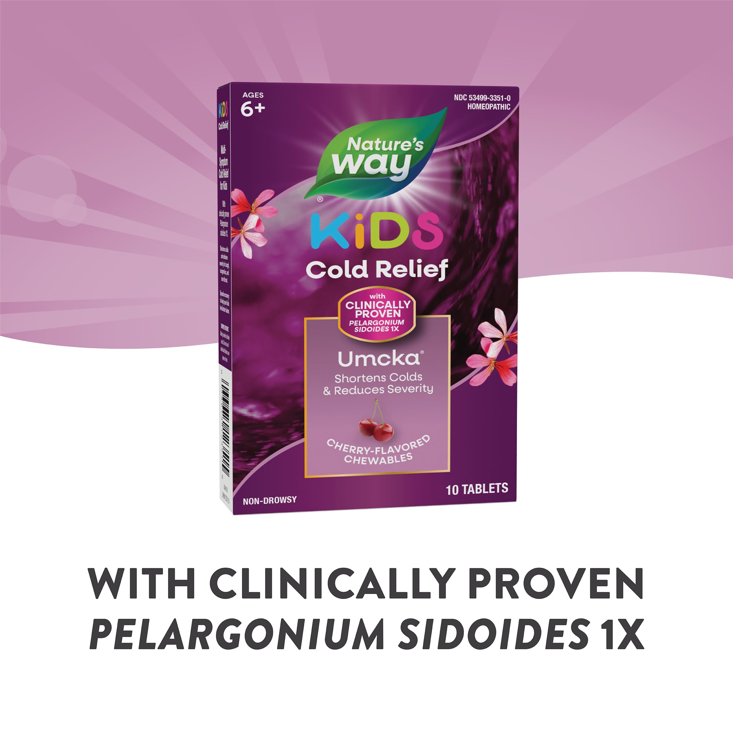 Nature's Way Cold Relief for Kids 6+, Umcka, Shortens Duration & Reduces Severity, Multi-Symptom Cold Relief, Homeopathic, Phenylephrine Free, Cherry Flavored, 10 Chewable Tablets (Packaging May Vary)