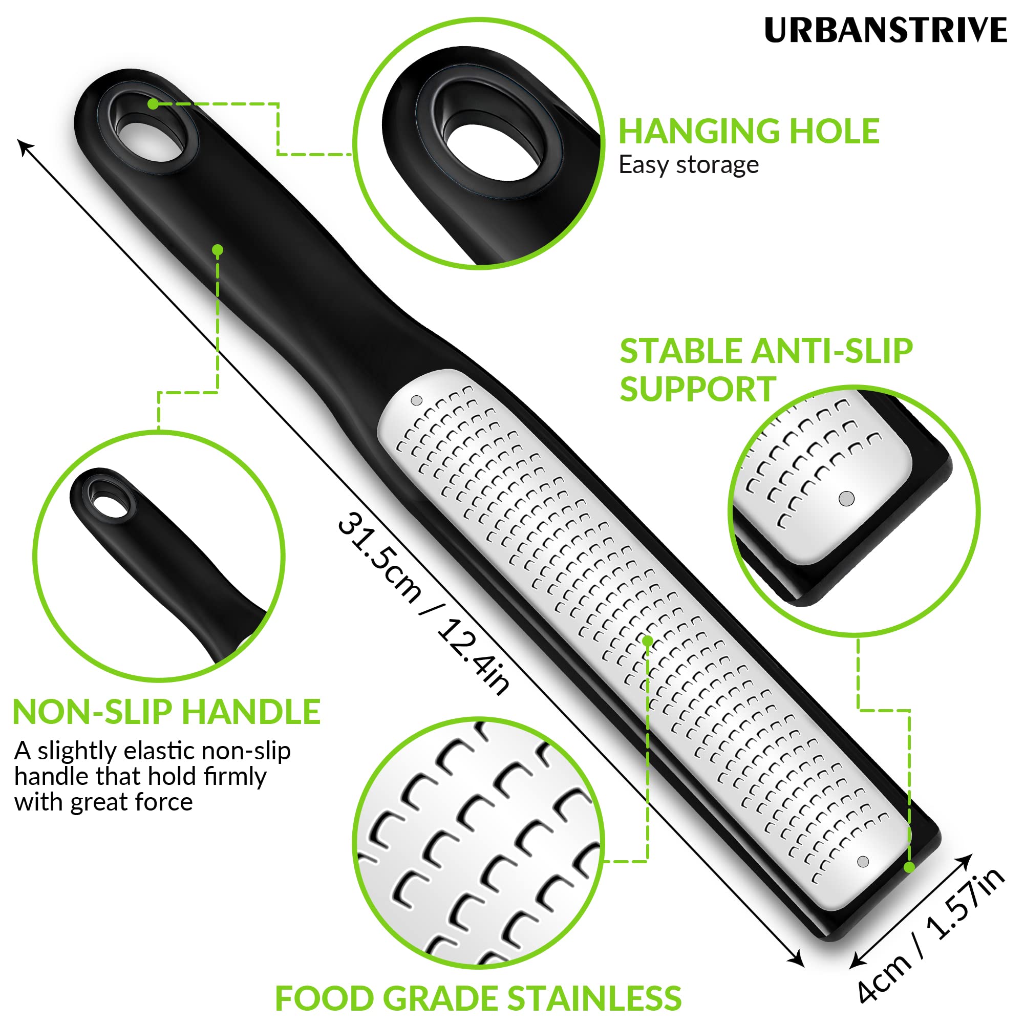 Urbanstrive Cheese Grater With Handle, Lemon Zester Graters for Kitchen Stainless Steel, Hand Grater for Ginger Garlic Nutmeg Chocolate Fruits Vegetables, Sharp, Non-Slip Handle & Foot, Black