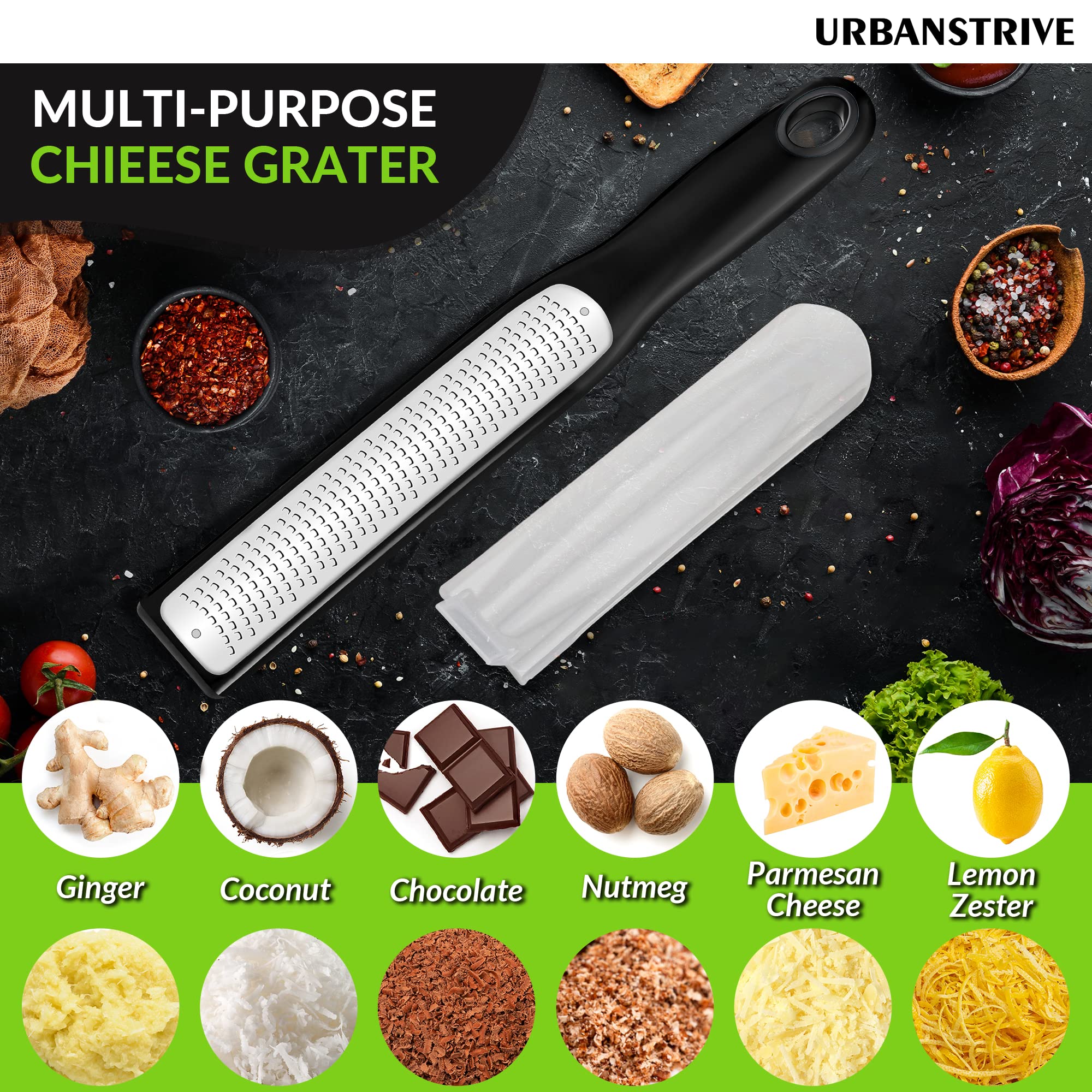 Urbanstrive Cheese Grater With Handle, Lemon Zester Graters for Kitchen Stainless Steel, Hand Grater for Ginger Garlic Nutmeg Chocolate Fruits Vegetables, Sharp, Non-Slip Handle & Foot, Black