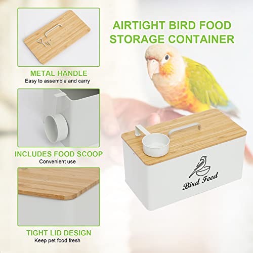 Brabtod Bird Seed Storage Container-Rectangular Pet Food Tin-with Bird Seed Scoop,Metal Airtight Bird Food Feeder with Wooden Lid, Ideal Store Sunflower Seed Wild Birdseed-White