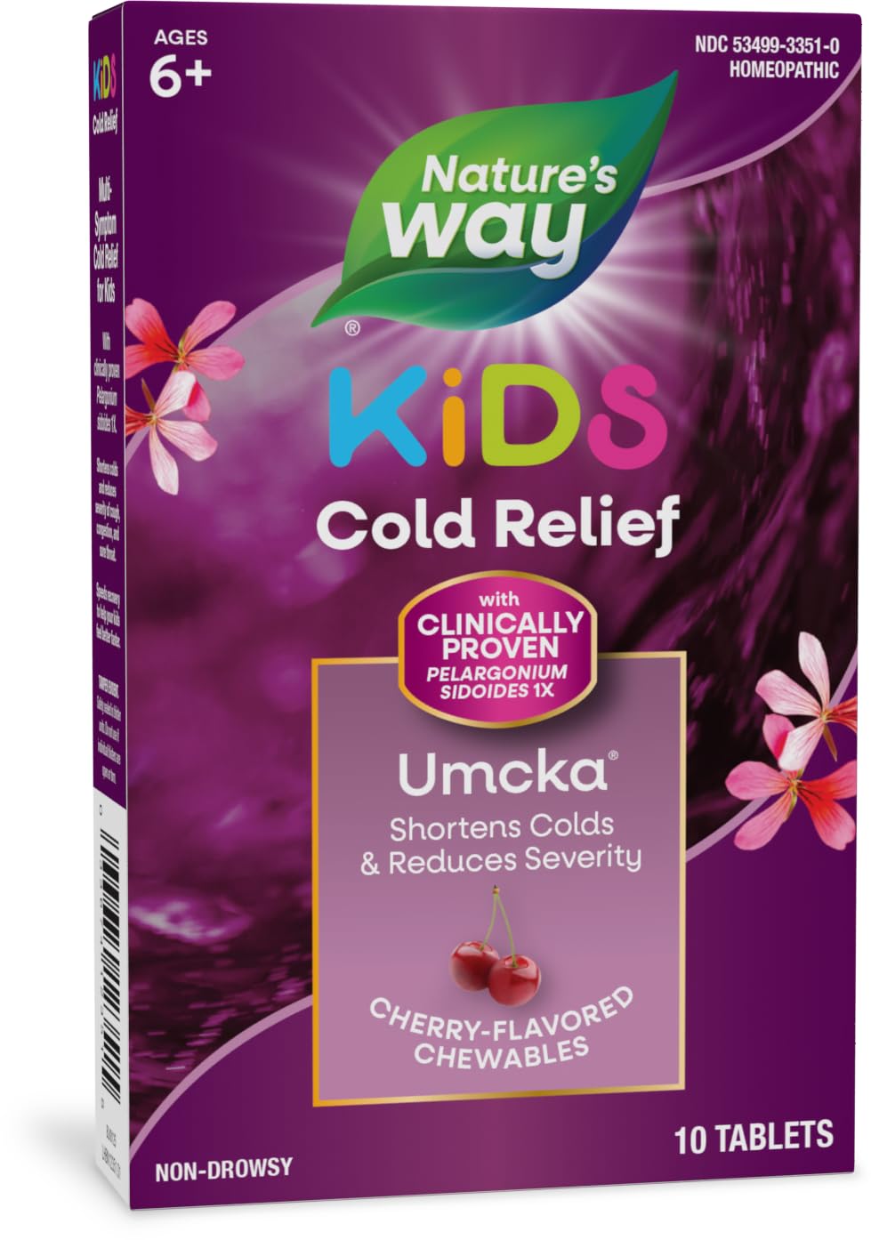 Nature's Way Cold Relief for Kids 6+, Umcka, Shortens Duration & Reduces Severity, Multi-Symptom Cold Relief, Homeopathic, Phenylephrine Free, Cherry Flavored, 10 Chewable Tablets (Packaging May Vary)