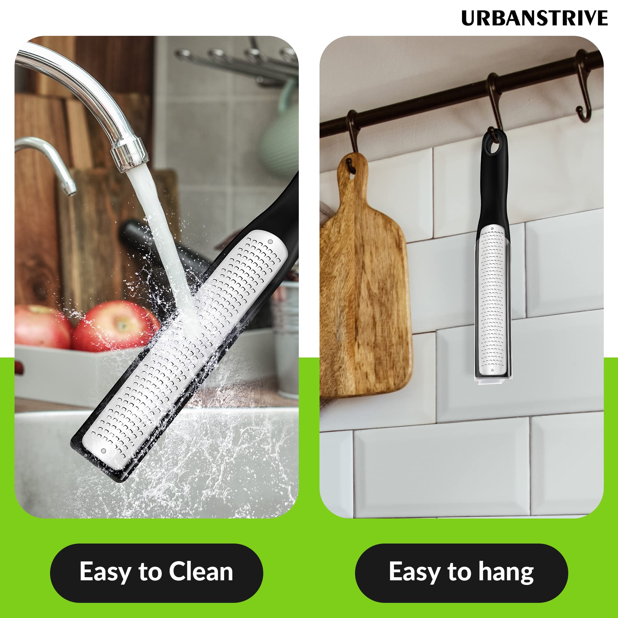 Urbanstrive Cheese Grater With Handle, Lemon Zester Graters for Kitchen Stainless Steel, Hand Grater for Ginger Garlic Nutmeg Chocolate Fruits Vegetables, Sharp, Non-Slip Handle & Foot, Black