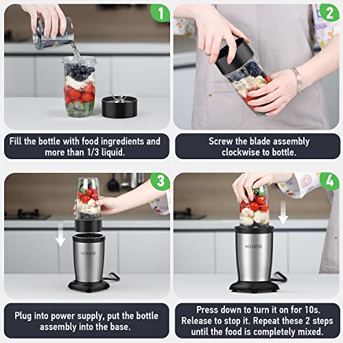 KOIOS 850W Bullet Blender for Shakes and Smoothies, 11 Pieces Personal Smoothie Blenders for Kitchen, Small Cup Grinder with 2 * 17Oz To-Go Cups and Spout Lids, BPA Free, Pulse Technology (Black)
