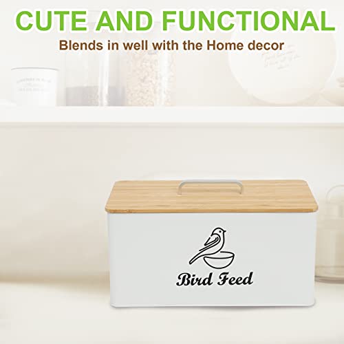 Brabtod Bird Seed Storage Container-Rectangular Pet Food Tin-with Bird Seed Scoop,Metal Airtight Bird Food Feeder with Wooden Lid, Ideal Store Sunflower Seed Wild Birdseed-White
