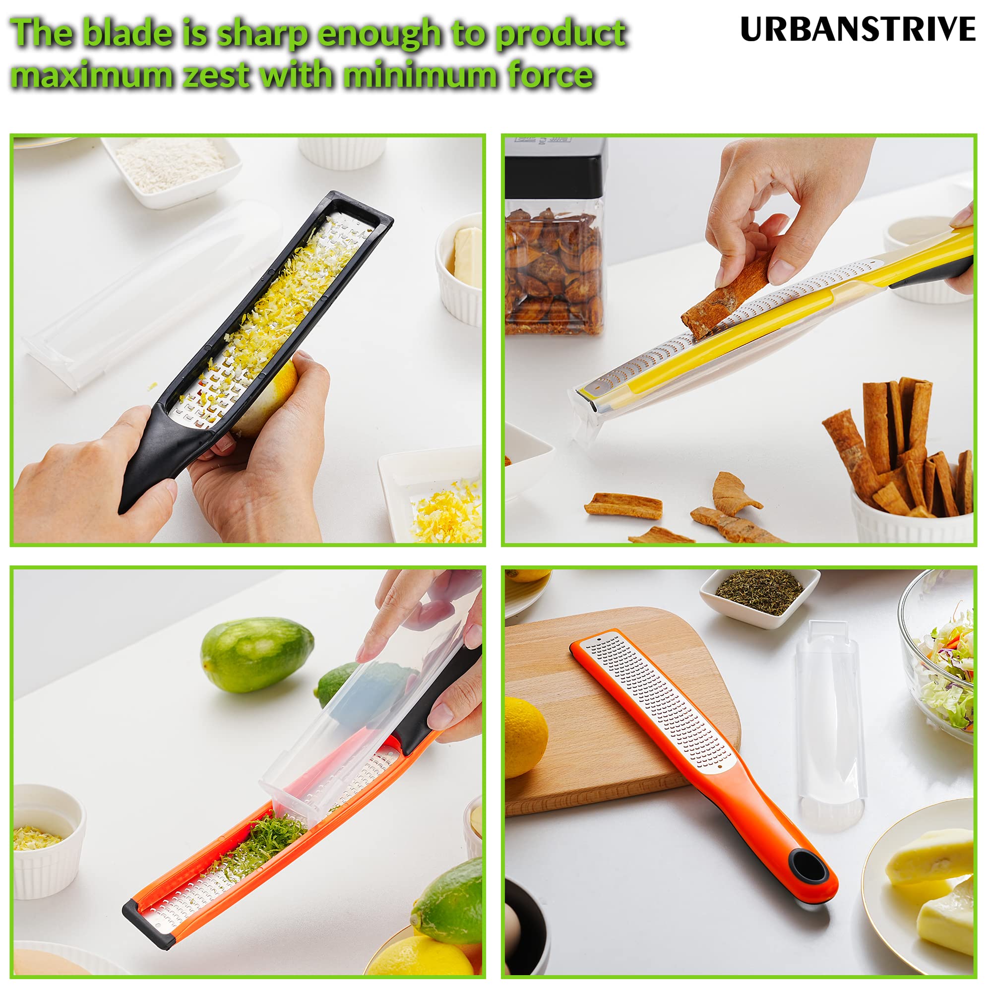 Urbanstrive Cheese Grater With Handle, Lemon Zester Graters for Kitchen Stainless Steel, Hand Grater for Ginger Garlic Nutmeg Chocolate Fruits Vegetables, Sharp, Non-Slip Handle & Foot, Black