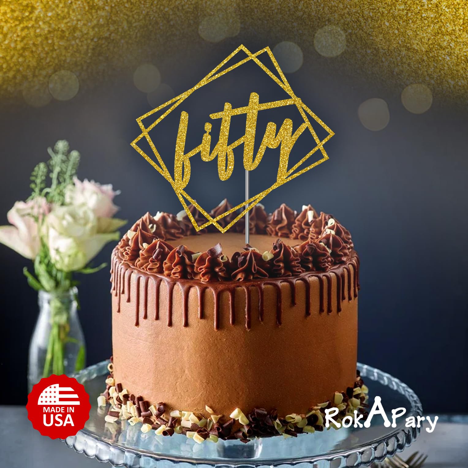 Fifty Cake Topper Gold Glitter, Modern Design 50 Birthday, Days, Months, Anniversary Party Decoration Ideas, Premium Quality, Sturdy Doubled Sided Glitter, Acrylic Stick. Made in USA