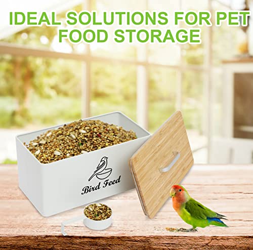 Brabtod Bird Seed Storage Container-Rectangular Pet Food Tin-with Bird Seed Scoop,Metal Airtight Bird Food Feeder with Wooden Lid, Ideal Store Sunflower Seed Wild Birdseed-White