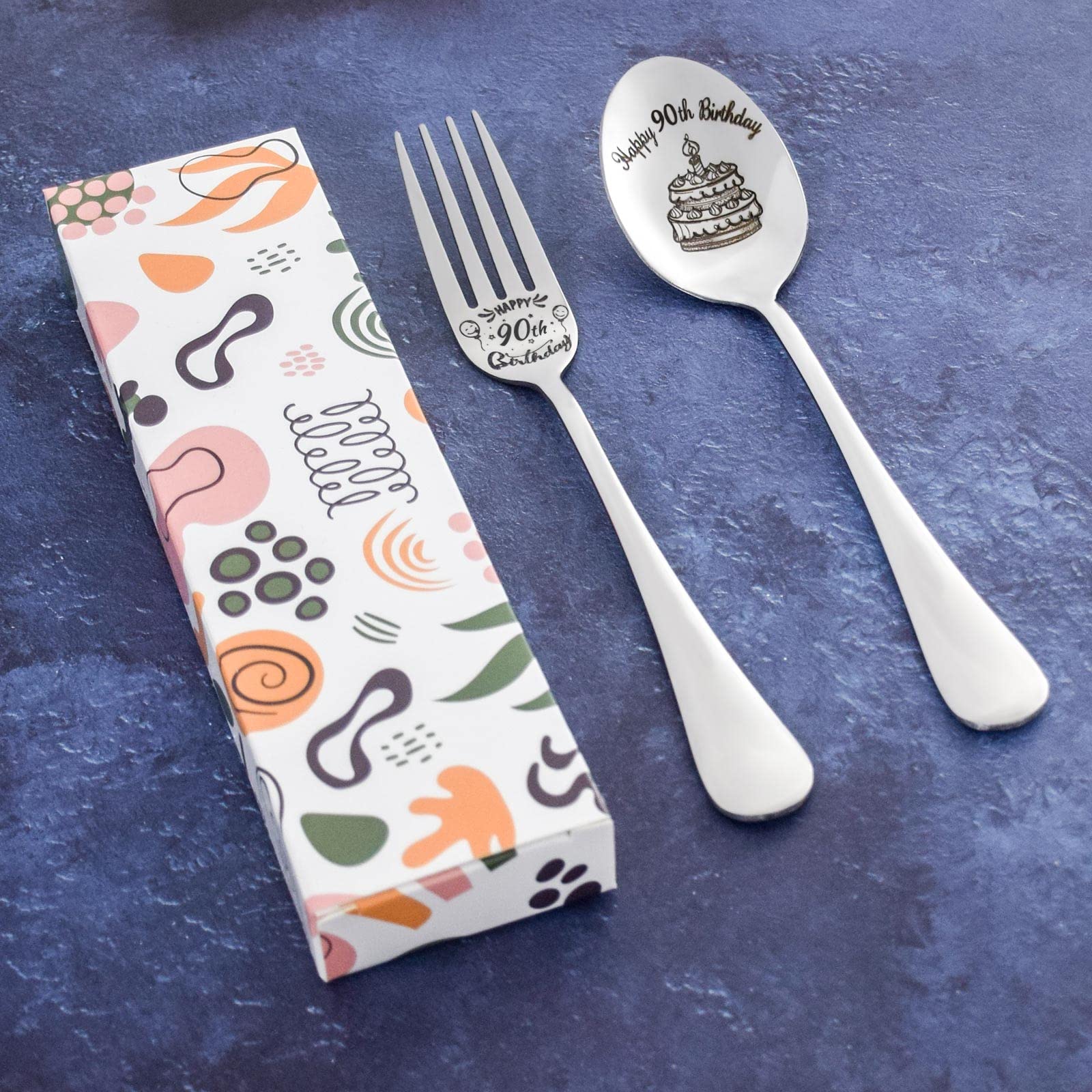 Happy 90th Birthday Spoon&Fork Gifts Engraved Spoon&Fork Personalized Birthday Gifts for Grandpa Dad Husband Uncle Friend