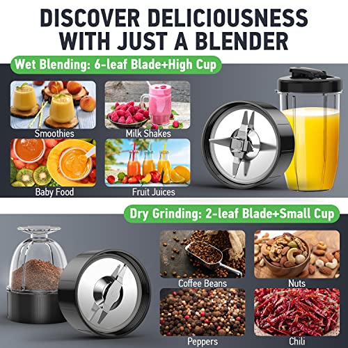 KOIOS 850W Bullet Blender for Shakes and Smoothies, 11 Pieces Personal Smoothie Blenders for Kitchen, Small Cup Grinder with 2 * 17Oz To-Go Cups and Spout Lids, BPA Free, Pulse Technology (Black)