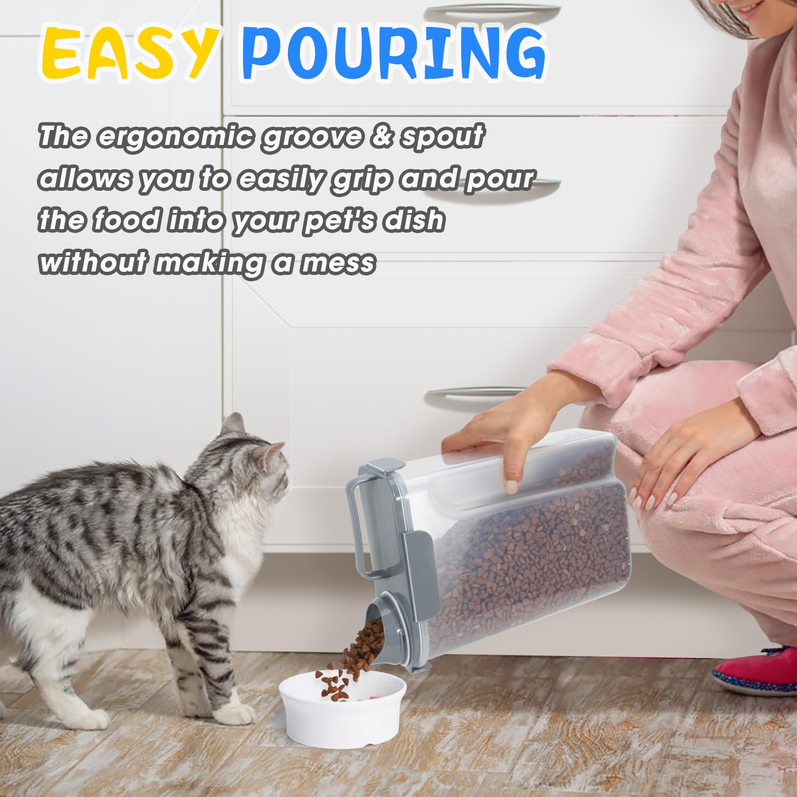 TBMax Large Cat Food Storage Container, Portable Dog Food Container with Upgraded Large Spout and Cup, Travel Pet Food Storage Dispenser for Small Animal Kibble Storage, Bird Seed Container - Grey